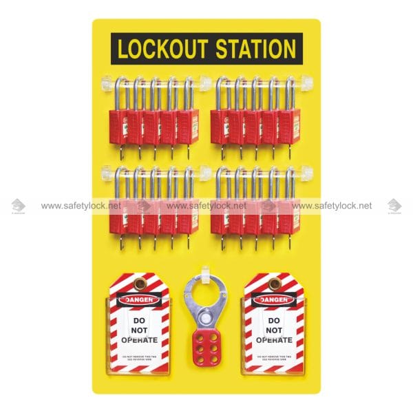Yellow Open LOTO Station Side View for 20 Locks with Goods