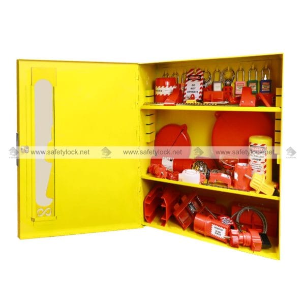 Yellow Lockout Tagout Station with Interchangeable Shelves